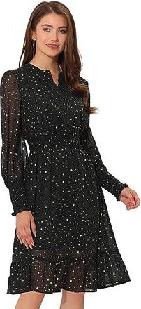 Allegra K Robe étoile métallique pour Femmes col en V boutonné smocké Robes en Mousseline de Soie Noir XL