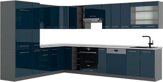 Vicco Eckküche Fame-Line, Dunkelblau Hochglanz/Anthrazit, 257 x 60 cm, AP Marmor