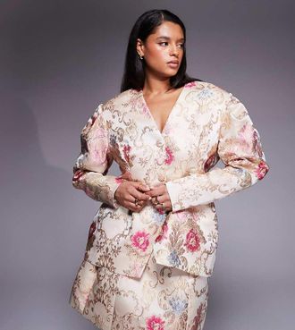 Asos Curve - Blazer densemble cintr&eacute; en jacquard fleuri - Blanc-Multicolore