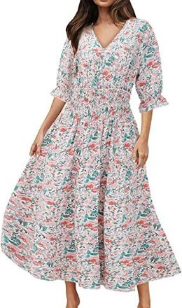 Generic Robe d&eacute;t&eacute; 2026 boh&egrave;me pour femme, col en V, manches bouffantes, imprim&eacute; floral, robe midi &agrave; volants, tunique fluide, Vert, XXL