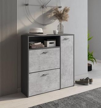 Dmora Moderner Schuhschrank mit 3 Türen, Eingangsschuhregal für 24 Paar Schuhe, Standardregale, Made in Italy, 91x27h94 cm, Farbe Anthrazit und Zement