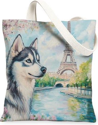 Generic Sac fourre-tout en toile motif chien husky printanier 33 x 38,1 cm, tour romantique, sac d&eacute;picerie r&eacute;utilisable pour femme, animal domestique, voyage,