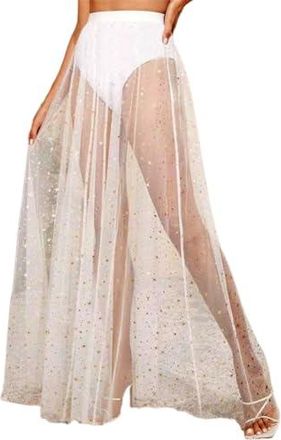 Minetom Longue Jupe Femme Habillée en Tulle Transparent - Maxi Jupe Taille Haute Casual De Bain Plage Clubwear A Blanc L