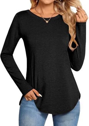 Zeagoo T-Shirt Basique Femme Manches Longues Col Rond Confort Quotidien Noir XL