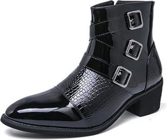 Generic Bottines Chelsea en cuir verni pour homme avec fermeture &eacute;clair et boucle - Bout pointu - Bottes de combat confortables et d&eacute;contract&eacute;es, Noir, 42 2/3