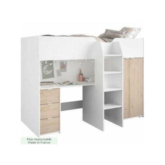 Parisot Lit combin&eacute; mezzanine enfant - tom - Blanc et chene - Armoire, bureau et sommier inclus