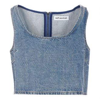 Self Portrait Rhinestone Denim Crop Top - - Tops - Damen - Blau - S