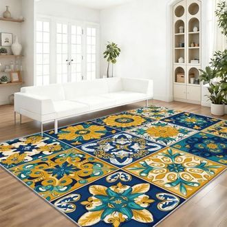 Generic Tapis 140 x 200 cm Briques Carr&eacute;es Abstraites Florales Doux Moelleux Robuste Facile &agrave; Nettoyer Moderne pour Chambre Couloir, Jaune Bleu