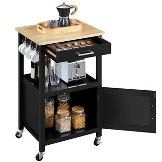 Yaheetech Chariot de Cuisine en Bois Desserte Roulante à 1 Tiroir et 1 Armoire Meuble de Rangement Cuisine avec 3 Crochets Verrouillage Magnétique 55 cm L × 45 
