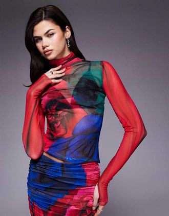 AFRM Zadie - Top densemble en tulle &agrave; col montant et imprim&eacute; fleurs floues - Rouge-Multicolore