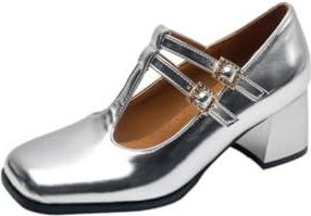 Generic Femmes Argent métallisé T Strap Mary Janes Bout carré Mid Chunky Bloc Talons Strass Boucle Détail Mode Chaussures De Soirée,Argent,38.5 EU
