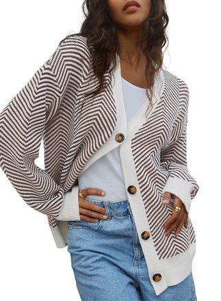 Dokotoo Strickjacken Damen Langarm V-Ausschnitt Streifen Strickjacke Herbst Elegant Kurz Strickpullover Knopfleiste Open Front Strick Pullover Cardigan Baumwo