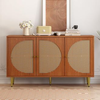 Merax Rattan Sideboard Kommode mit 3 Rattantüren, Sideboard Holz Küchenschrank Buffet mit erstellbaren Einlegeböden, Metallgriffe, Walnuss/129.8x40x76cm