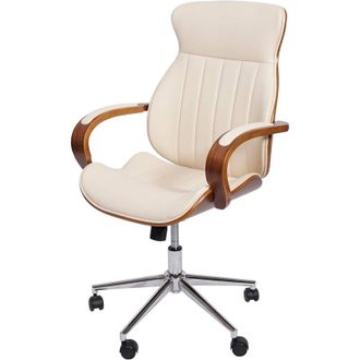 Hhg jamais utilisé] Chaise de bureau 333, pivotante, fauteuil, bois courbé, aspect noyer, similicuir, beige-crème