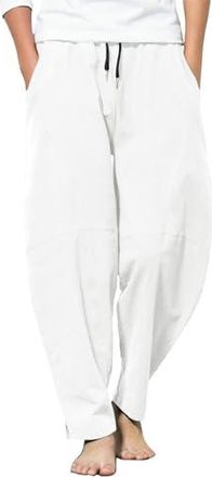 Generic Pantalon chino en lin &agrave; jambe large pour homme noir avec cordon de serrage - Coupe ajust&eacute;e - Pantalon cargo en lin et coton - Pantalon chino d&eacute;contrac