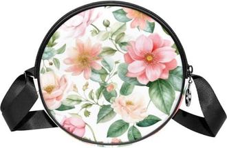 Generic Petit sac &agrave; bandouli&egrave;re circulaire pour femme, motif feuilles florales, sac &agrave; dos avec fermeture &eacute;clair, bretelles r&eacute;glables, sac &agrave; main rond d&eacute;contra