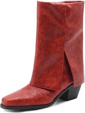 Generic Bottes mi-Mollet en Cuir PU à Bout carré rétro pour Femmes, avec Fente latérale, Talons Block épais mi-Hauts, à Enfiler, Chaussures de fête décontract
