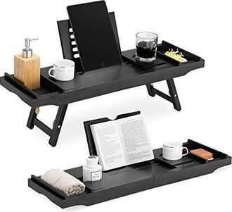 Navaris Pont de Baignoire Extensible Bambou - Plateau de Bain ou lit avec Pied Pliable - Support Tablette Livre t&eacute;l&eacute;phone Verre - Rangement Amovible