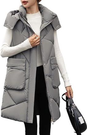 Generic Gilet long matelass&eacute; dhiver sans manches pour femme avec capuche amovible et fermeture &eacute;clair - Taille L, gris, L