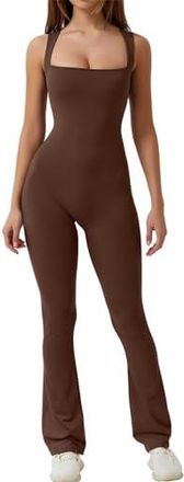 ORANDESIGNE Combinaison &eacute;vas&eacute;e sans manches d&eacute;contract&eacute;e combinaison &eacute;l&eacute;gante PlaysuitU sans coutures bretelles spaghetti Onesie Bodycon Long Romper B Caf&eacute; M