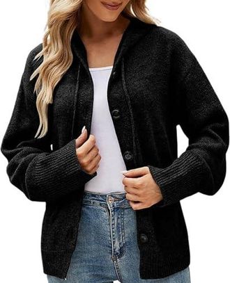 Generic 2026 Automne/Hiver Femmes Cardigan à Capuche Tricoté Manches Longues avec Boutonnage Fermeture à Cordon de Serrage Européen et Style Bordure Pull, Noi