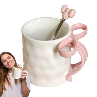 Generico Kaffeetasse mit Band - Keramiktasse mit Rosengriff, niedlicher Kaffee mit L&ouml;ffel im Lieferumfang enthalten | hei&szlig;e Schokolade, Tee, Milch, Getr&auml;nk, Ge