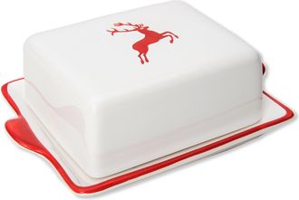 Gmundner Keramik Gmundner Keramik Manufaktur 0318DBGL18 rubinroter Hirsch Butterdose mit Knopfgriff, 125 g