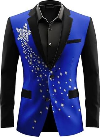 Generic Ensemble blazer et pantalon &agrave; un bouton pour homme avec perles imprim&eacute;es &eacute;toiles scintillantes - Costume de smoking formel coupe ajust&eacute;e, bleu, XXL