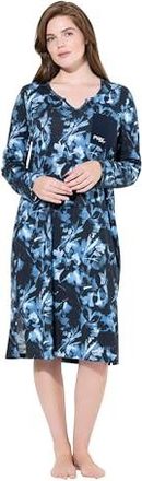Ulla Popken Femme Grandes Tailles Chemise de Nuit à col Tunisien et Manches Longues, en Coton Bio Marine 46+ 834544130-46+
