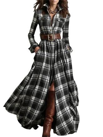 Generic Robe chemise rétro à carreaux pour femme, robe longue à manches longues avec poches et taille haute, Noir, XXL