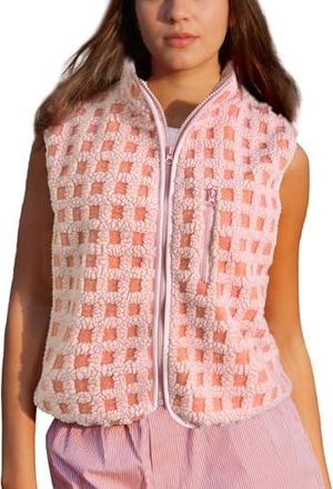 Generic Gilet Sherpa &agrave; carreaux pour femme, veste polaire dhiver sans manches, fermeture &eacute;clair, col haut, gilet en polaire chaude &agrave; carreaux avec poche de po
