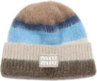 Miu Miu bonnet rayé à patch logo - Marron