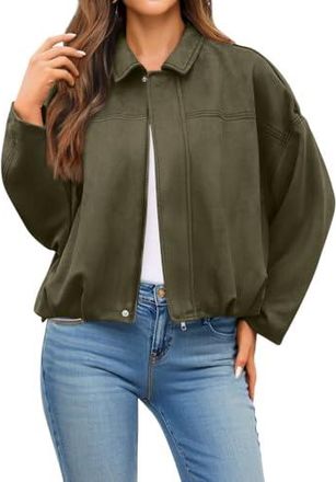 Onsoyours Blouson Faux Suede Femme Zipp&eacute;e Courte Bomber Veste Mi Saison Chic Elegant Blousons Automne Winter A Vert Arm&eacute;e M