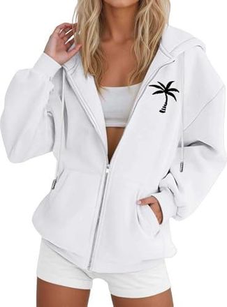 Generic 2026 Veste &agrave; capuche d&eacute;contract&eacute;e &agrave; manches longues avec cordon de serrage pour femme Motif arbre, blanc, 3XL