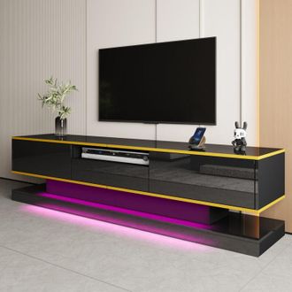 STILVORA Meuble TV avec 3 Tiroirs et 1 Niche Ouverte et LED, Brillant, Style Moderne, 180&times;38&times;45 cm, en Panneaux, Noir Or