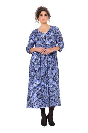 Ulla Popken Damen große Größen Übergrößen Plus Size Kleid, Paisleymuster, A-Linie, V-Ausschnitt, 3/4-Arm Marine 58+ 838082130-58+