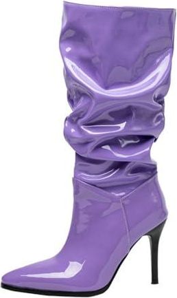 Generic Bottes déquitation plissées mi-mollet à bout pointu et talons aiguilles pour femme, violet, 39.5 EU