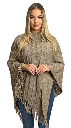 Mississhop Cape XXL pour femme en cachemire avec pompons - Marron - taille unique