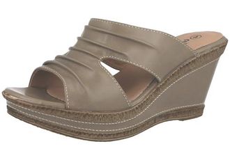 Cushion-Walk Sandales mules compens&eacute;es mi-hautes en cuir &agrave; bout ouvert pour femme, taupe, 38 EU