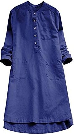 Generic Chemisier long pour femme - Robe d&eacute;t&eacute; &agrave; manches 3/4 - Col rond - T-shirt long - Couleur unie - Chemise d&eacute;contract&eacute;e - Boutons - Avec poche - Robe chem