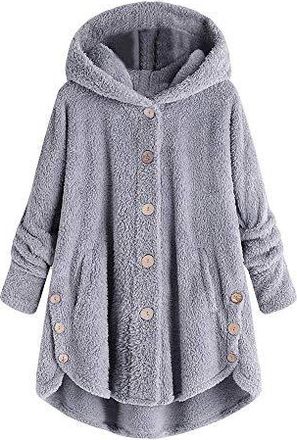 Onsoyours Veste Polaire Femme Chaude Manteau Col Roulé Tops en Peluche Mode Hiver Grand Taille Bouton Manteau Pelucheux Sweat à Capuche Pull Loose A Gris 3XL