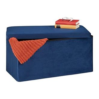 Relaxdays Banquette de Rangement, Rev&ecirc;tement Velours, 80 L, Entr&eacute;e, Salon, Coffre &agrave; Assise Matelass&eacute;e, 38x77x39 cm, Bleu