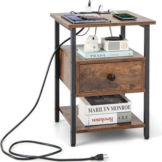 Costway Table de Chevet Connectée, Table de Chevet avec Prise 3 Niveaux, Etagères Ouvertes, Tiroir, Plateau en Bois, Cadre en Métal, Style Industriel, Table