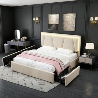 Generic LED-Polsterbett mit höhenverstellbarem Kopfteil, 160x200 cm Doppelbett in Beige mit 4 Schubladen, Stauraumfunktion und Holzlattenrost