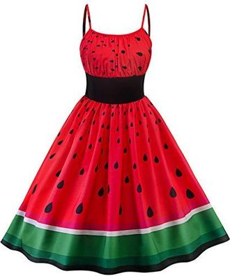 Generic Costume de pastèque pour femme - Robe de carnaval - Robe de cocktail rétro - Robe spaghetti - Imprimé pastèque - Taille fine - Vintage - Grand ourlet 