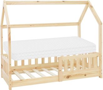 ML Design ML-Design Lit Cabane Enfant 70x140 cm Naturel avec Matelas, Protection Contre la Chute, Toit et Sommier à Lattes, en Bois de Pin Massif, Style