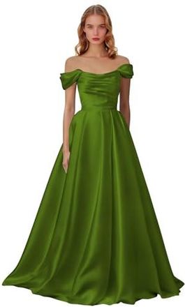 Generic Robe de bal longue fronc&eacute;e en satin &agrave; &eacute;paules d&eacute;nud&eacute;es pour femme avec poches, vert olive, 40