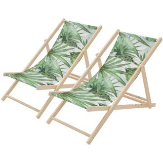 ECD Germany ECD Germany Lot de 2 Chaises Longues Pliantes en Bois Chiliennes, Motif Palmier, Vert-Blanc, Dossier R&eacute;glable, 3 Positions de Couchage, jusqu&agrave; 120