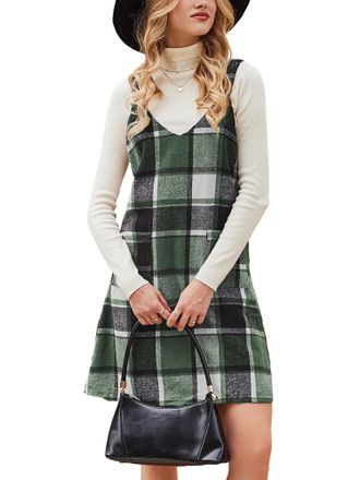 Cupshe Damen Latzrock V Ausschnitt Taschen Karomuster A Linie Latzkleid Overallkleid Freizeitkleider Plaid Mini Dress Grün kariert XS