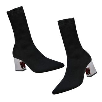 Frcolor Femme à Talons Épais Pointues Bottines Automne Hiver Maille Chaussures Élégantes et Stables pour Sorties et Fêtes Confortables et Durables Noir